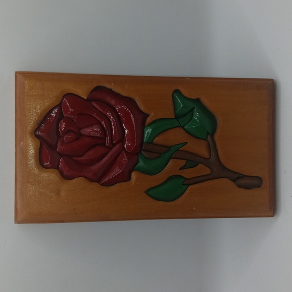 Accents | Vintage Hand Painted Single Red Rose Unique Wood Carving ...